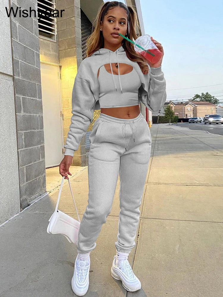 Tracksuit 3 Pieces Pants Sets for Women Velvet Hoodie Crop Tops+Vest ...